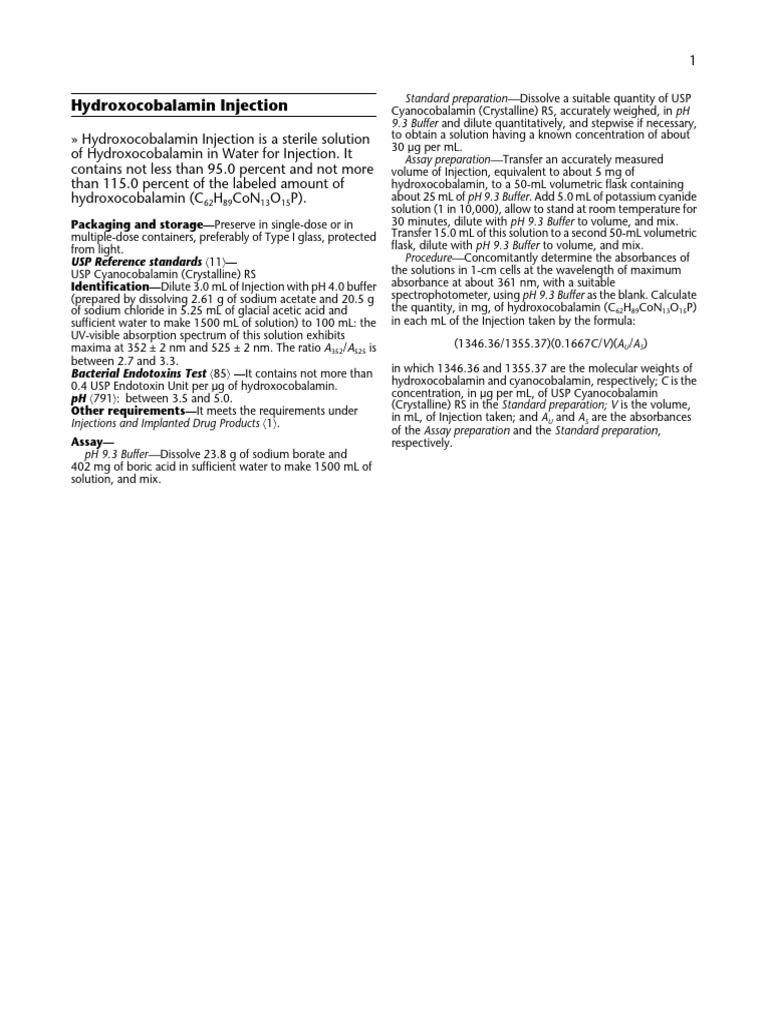 Hydroxocobalamin Injection Overview | PDF | Buffer Solution | Ph