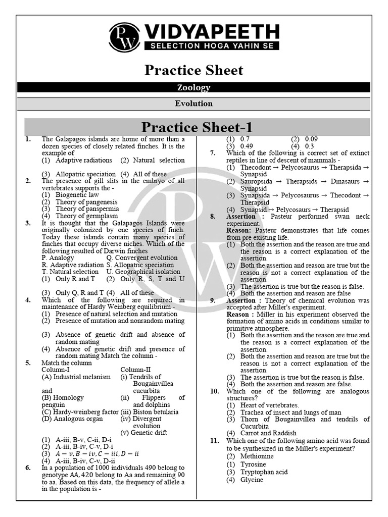 Zoology Evolution Practice Questions | PDF | Evolution | Natural Selection