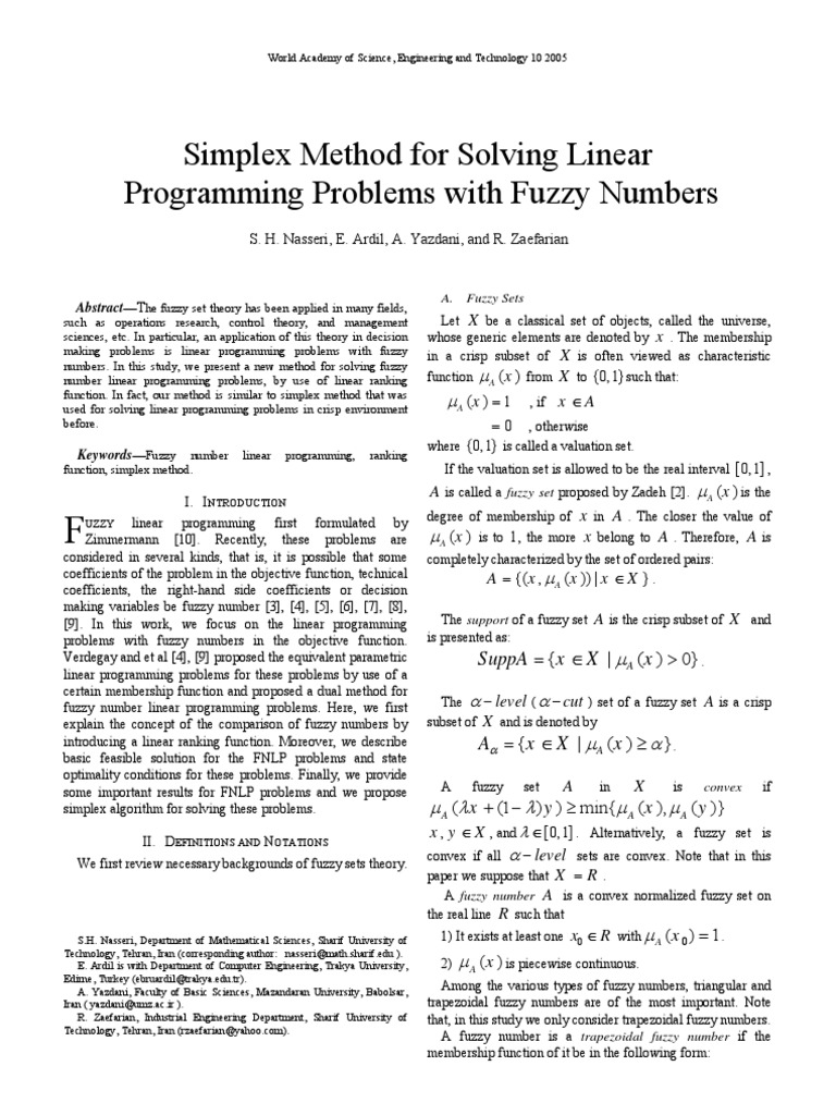 Simplex Method For Solving Linear Programming Problems With Fuzzy Numbers | PDF | Linear ...