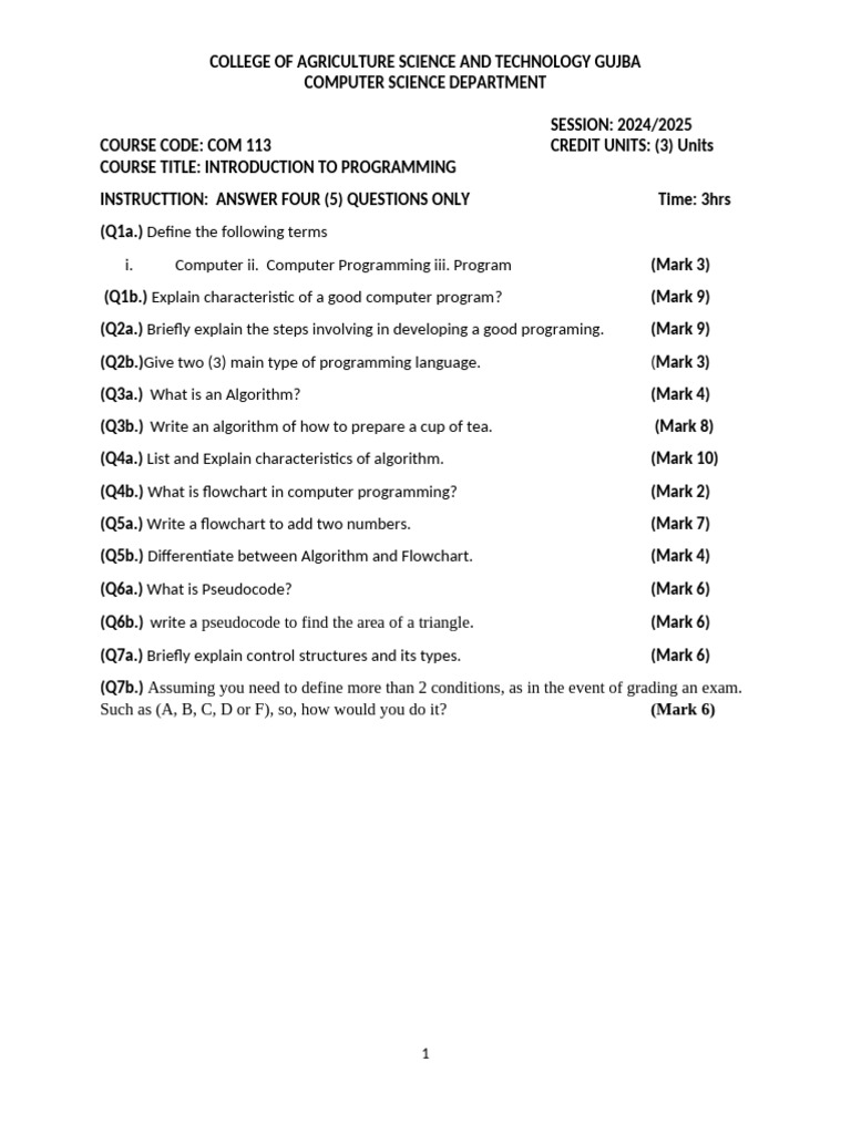 Introduction To Programming Exam Questions | PDF