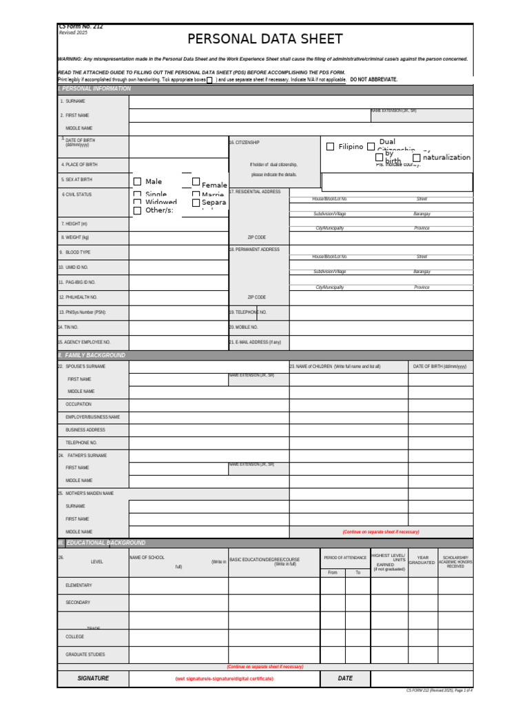 Personal Data Sheet Template 2025 | PDF | Government And Personhood ...
