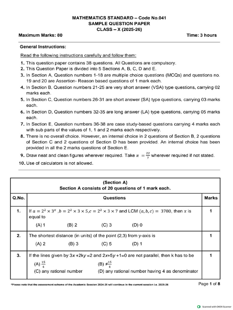 Maths Sample Question Paper | PDF
