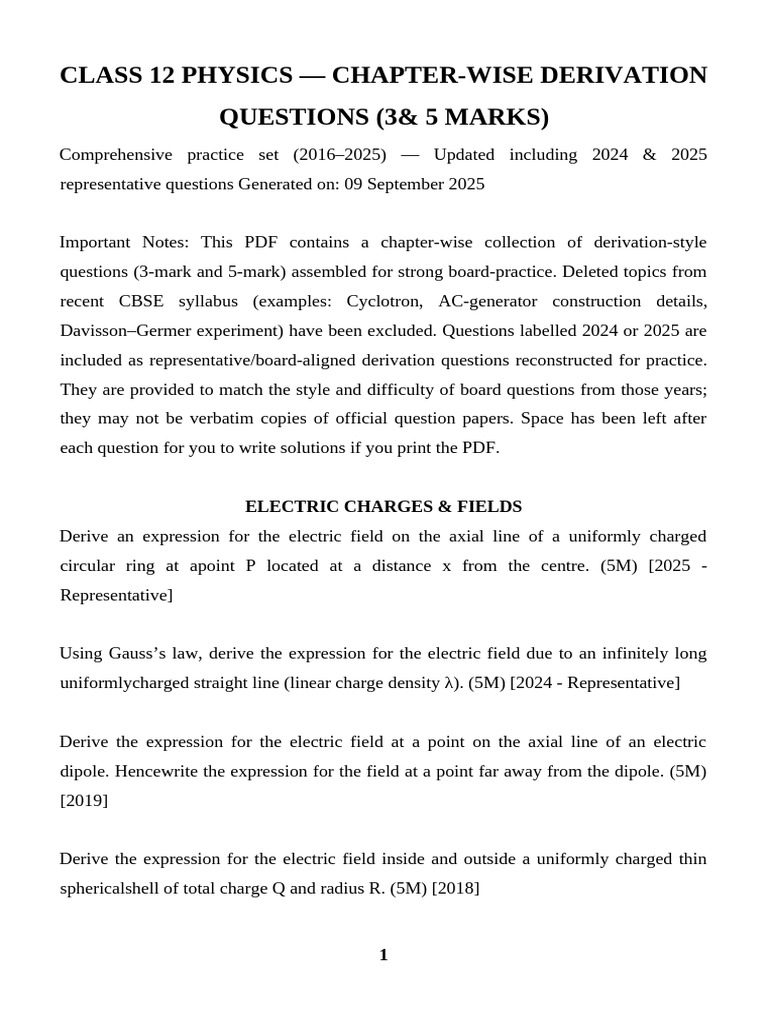 Class12 Physics Derivation PYQs 2016-2025 Final | PDF | Magnetic Field | Capacitor