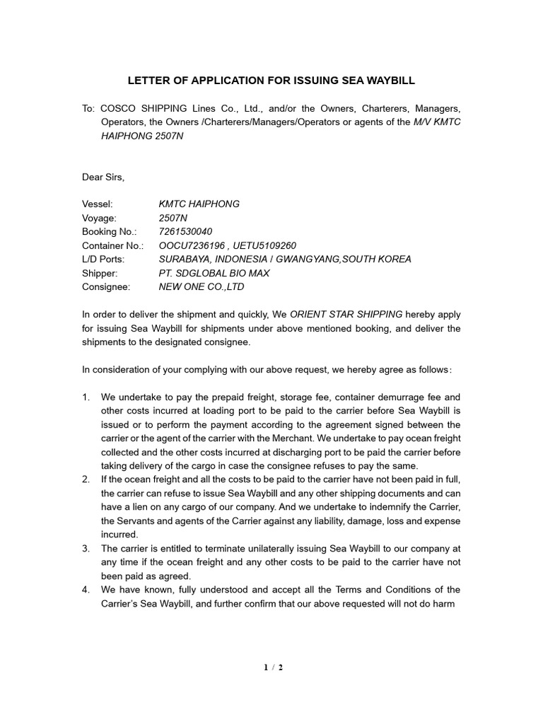 Sea Waybill Application Letter | PDF | Cargo | Consignee