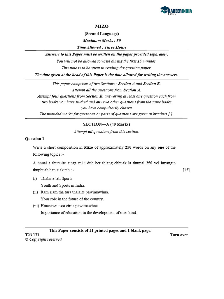 ICSE Class 10 Mizo Second Language Question Paper 2023 | PDF ...
