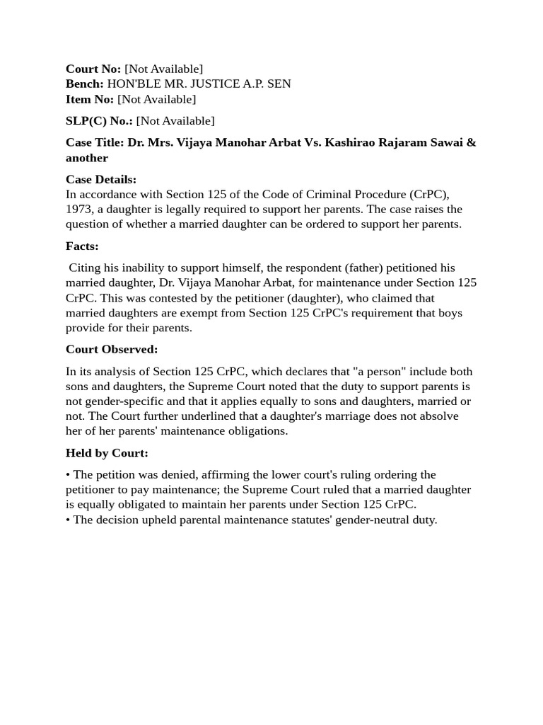 Dr. Mrs. Vijaya Manohar Arbat vs. Kashirao Rajaram Sawai & Another | PDF
