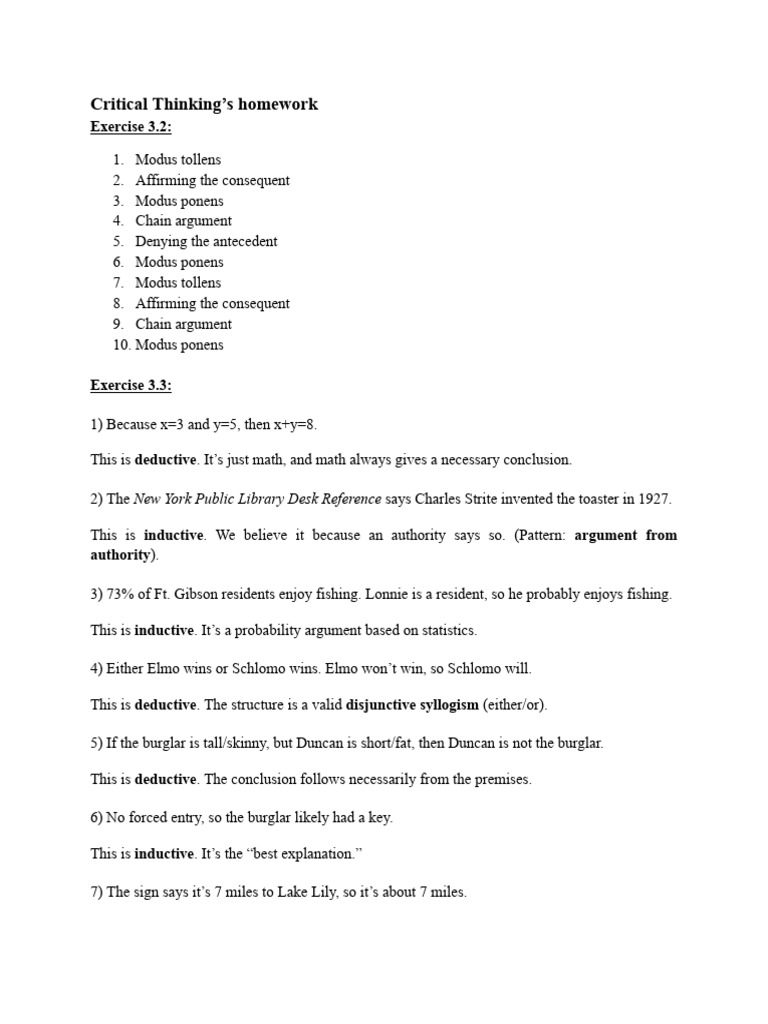 Critical Thinking's Homework | PDF | Deductive Reasoning | Inductive ...