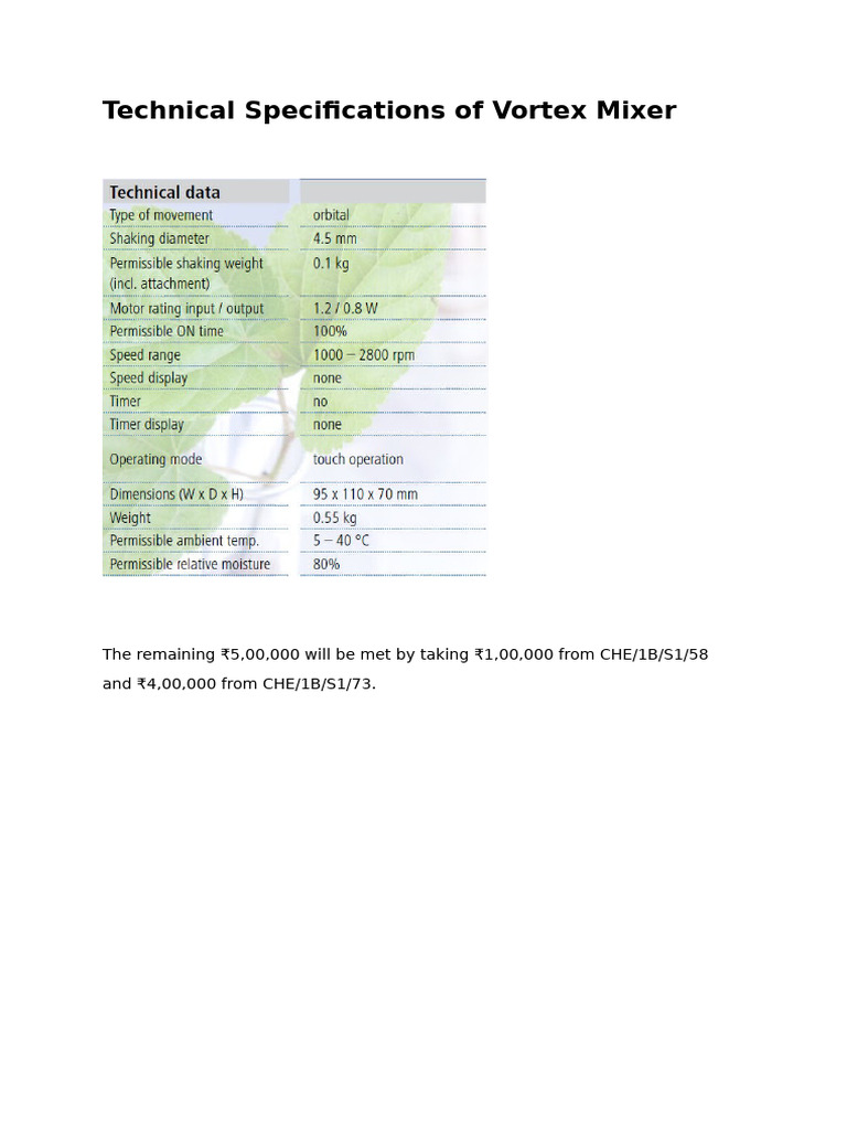 VortexMixer TechnicalSpecifications | PDF