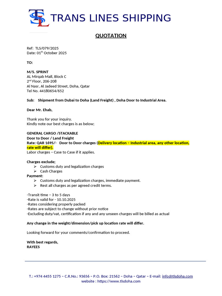 Dubai to Doha Land Freight Quotation | PDF