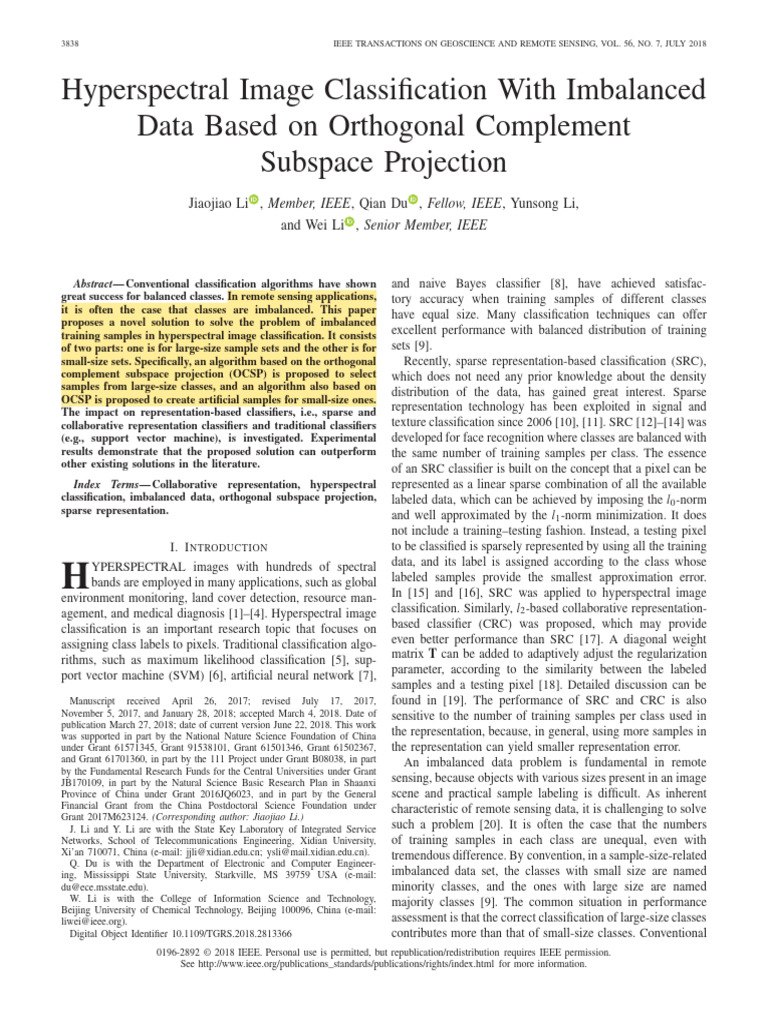 Hyperspectral Image Classification With Imbalanced Data Based On Orthogonal Complement Subspace ...