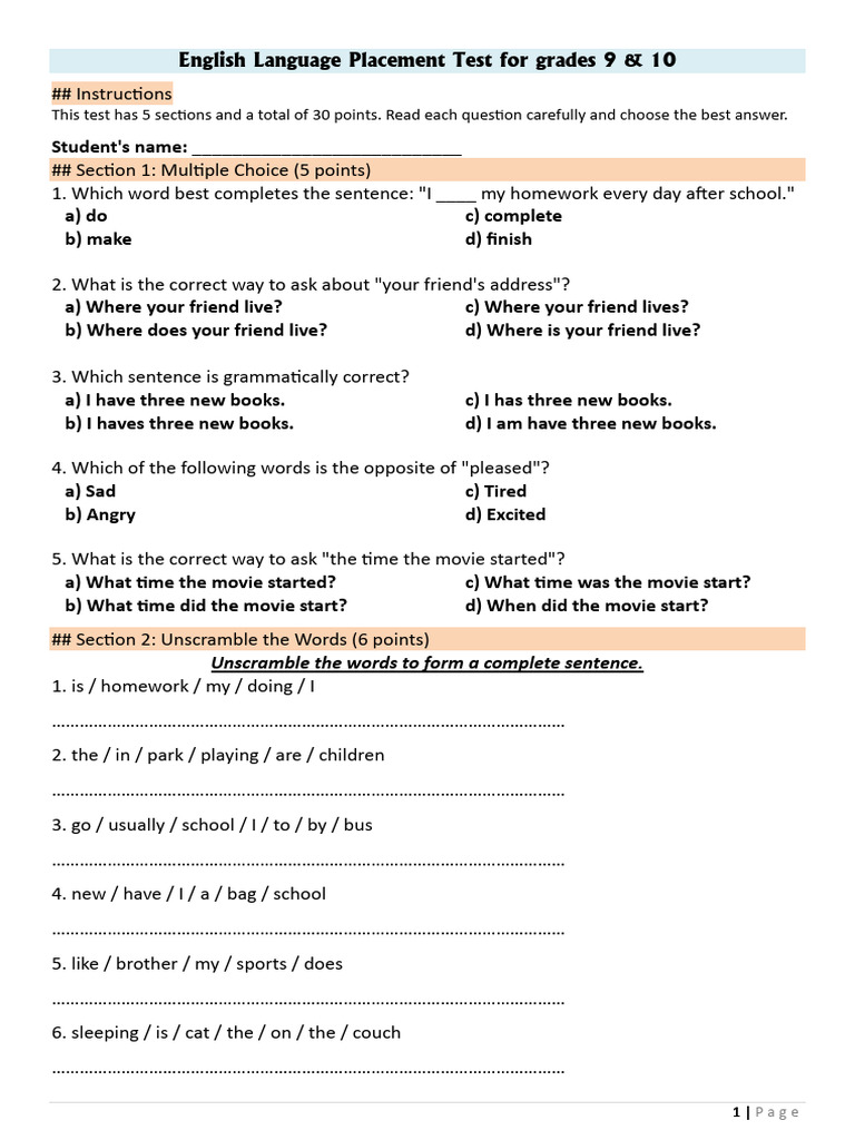 English Placement Test for Grades 9-10 | PDF | Linguistics