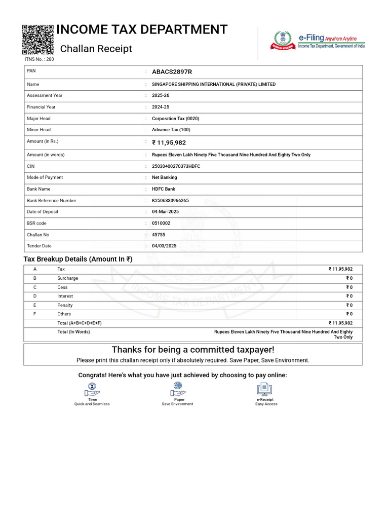 Income Tax Challan Receipt 2025-26 | PDF | Taxes | Money