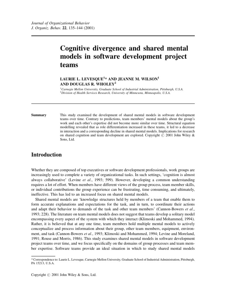 J Organ Behavior - 2001 - Levesque - Cognitive Divergence and Shared Mental Models in Software ...