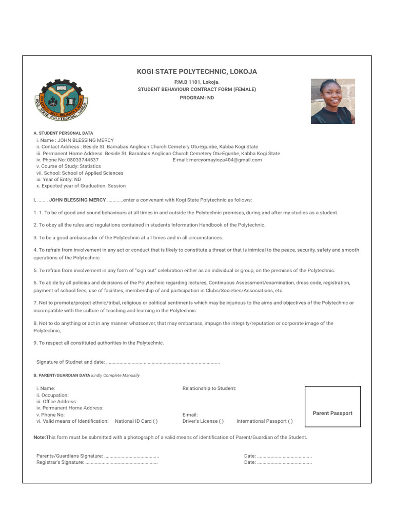 Behavioral Form - Kogi State Poly | PDF | Identity Document