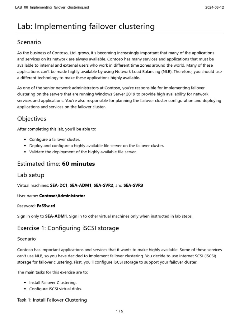 LAB 06 Implementing Failover Clustering | PDF | Computer Cluster | Utility Software