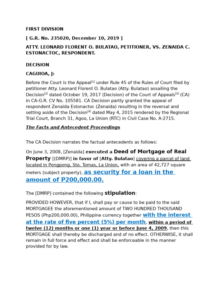 COMMERCIAL LAW 1 - Bulatao Vs Estonactoc | PDF | Foreclosure | Interest