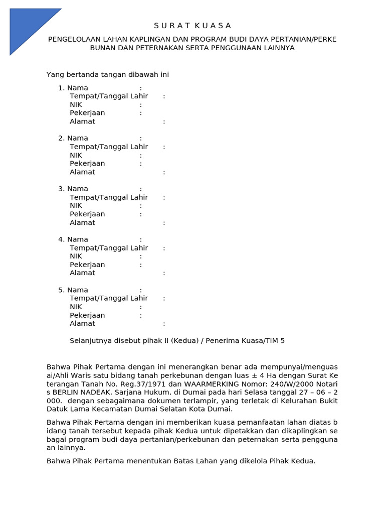 Surat Kuasa Pengelolaan Lahan Kaplingan | PDF
