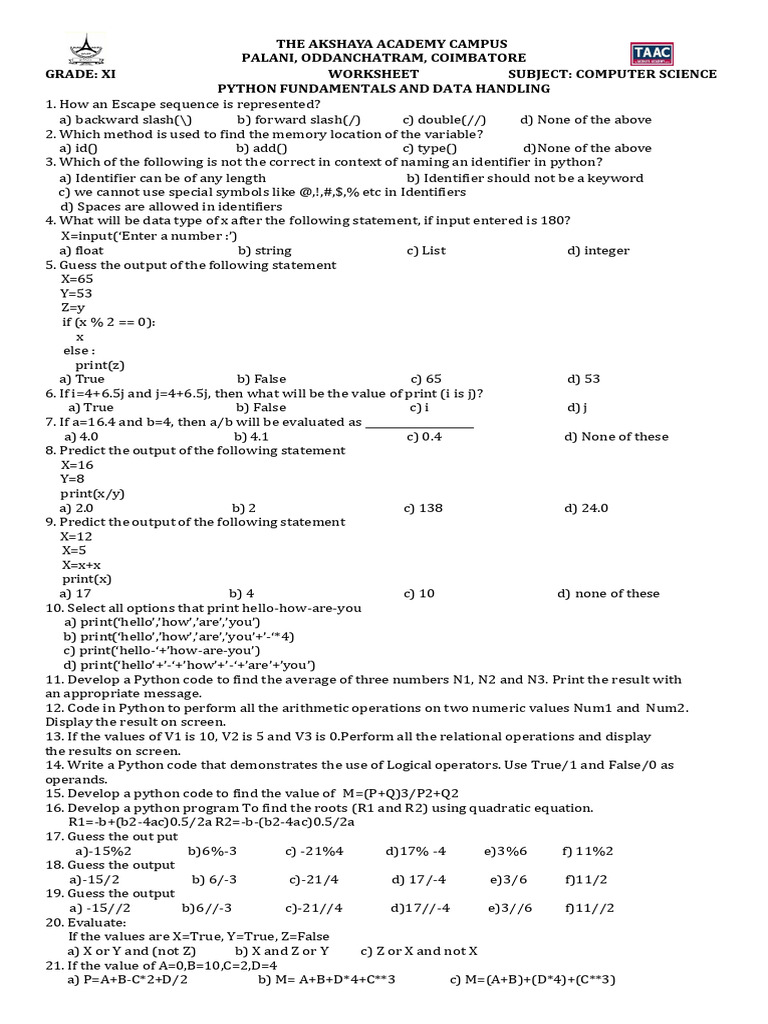 XI - Worksheet - Python Fundamentals Data Handling - CS | PDF | Python (Programming Language ...