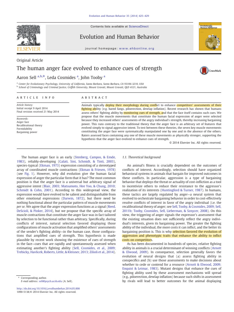 The Human Anger Face Evolved To Enhance Cues of Strength. | PDF | Anger ...