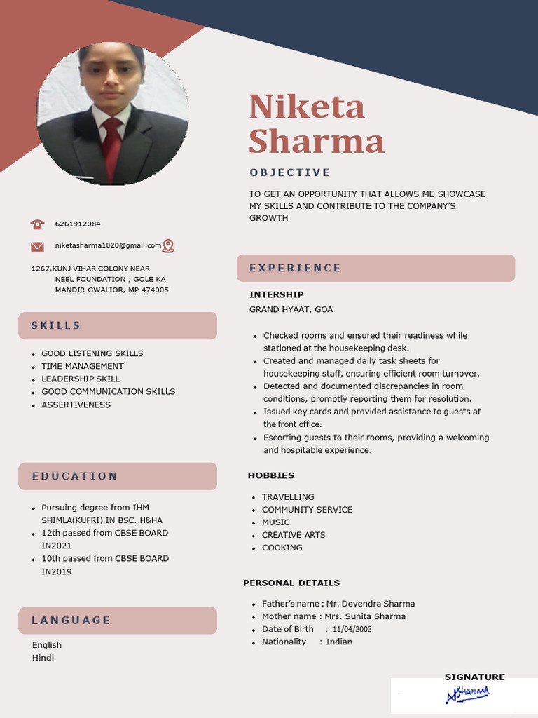 Niketa Sharma's Internship Resume | PDF