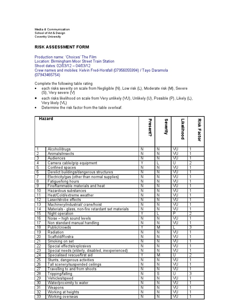 Risk Assessment Form: School of Art & Design Coventry University | PDF ...