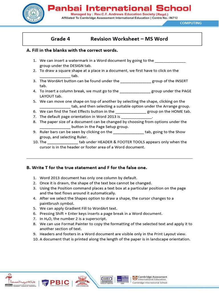 Grade 4 Revision Worksheet Term 1 | PDF | Microsoft Word | Cursor (User ...
