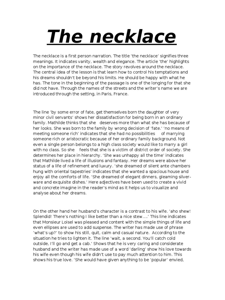 Analysis of "The Necklace" Story | PDF