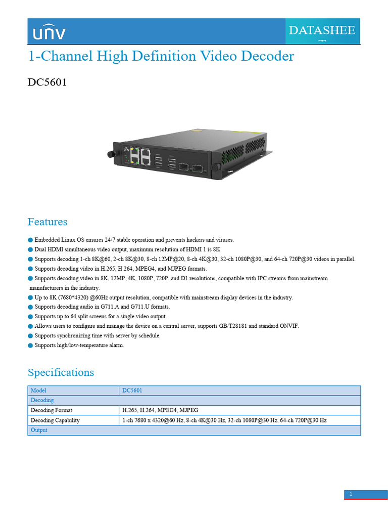 【Datasheet】UNV DC5601 1-Channel High Definition Video Decoder 20250228 ...