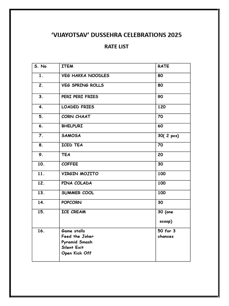 Dussehra 2025 Vijayotsav Rate List | PDF