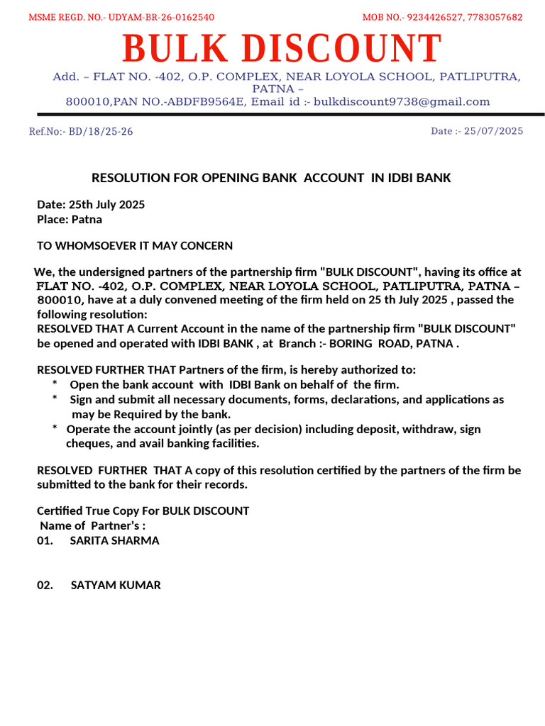 Bank Account Resolution for Bulk Discount | PDF