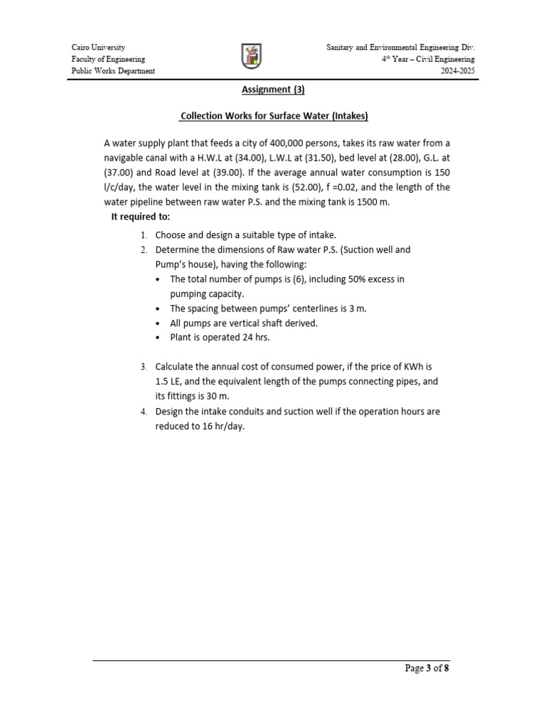 Surface Water Intake Design Assignment | PDF