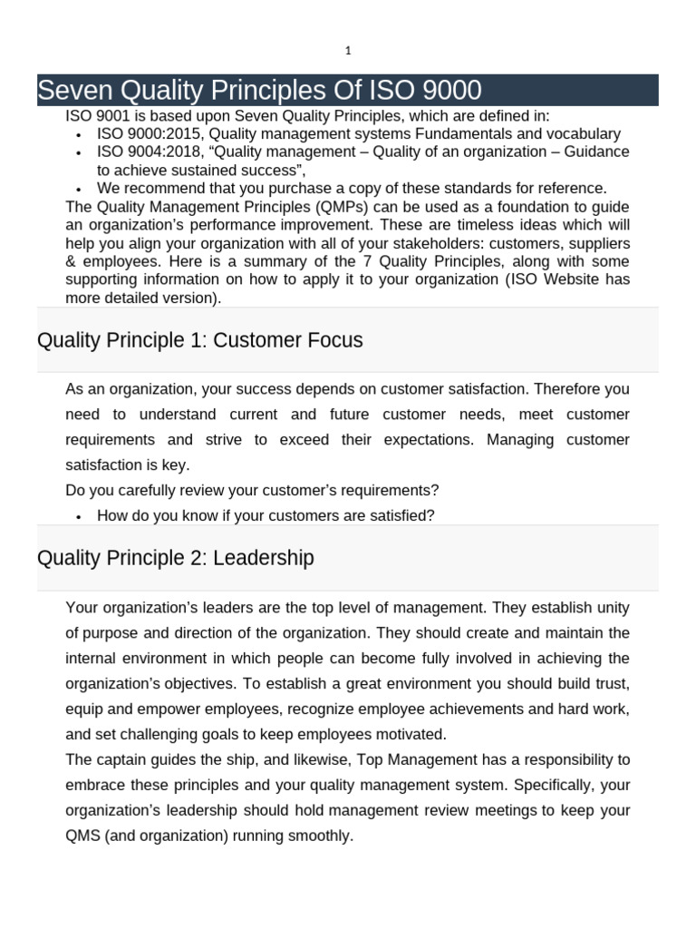Seven Quality Principles of ISO 9000 | PDF | Quality Management ...