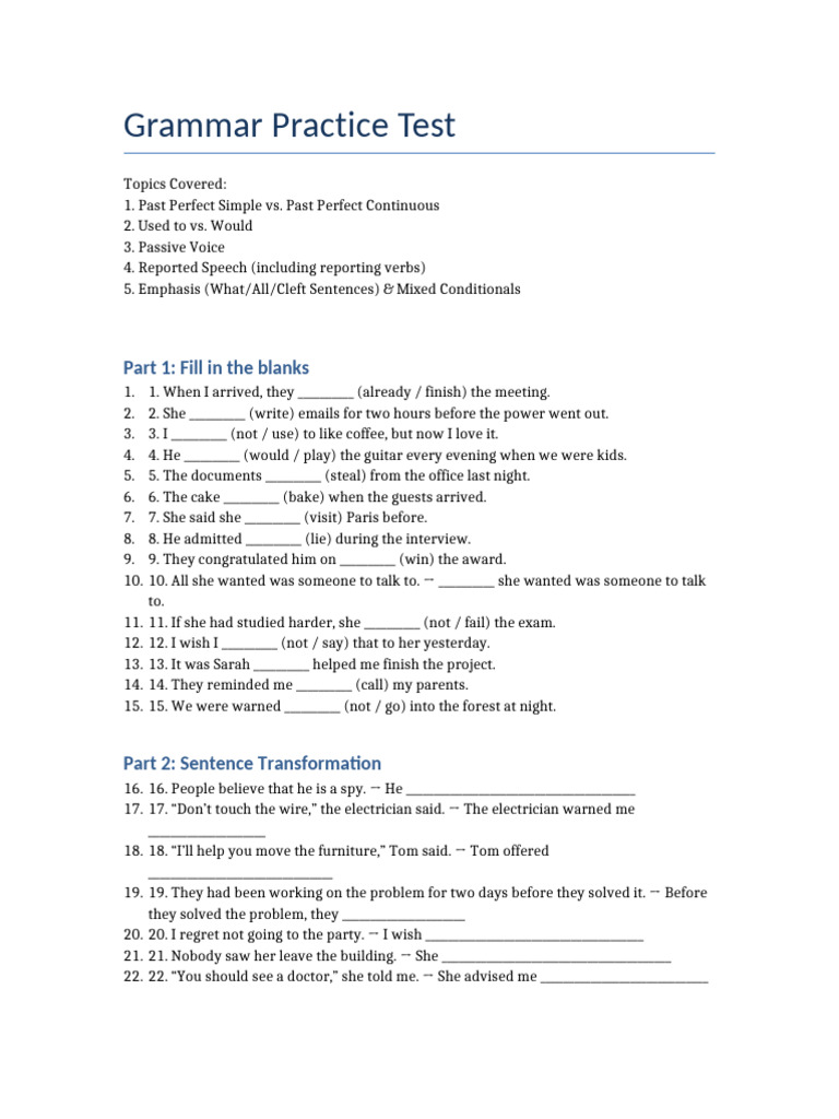 Grammar Practice Test: Key Concepts | PDF | Grammar | Linguistics