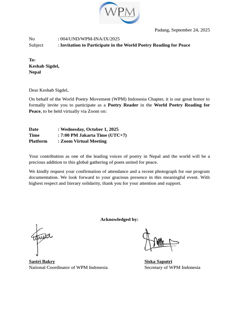 Invitation to Keshab Sigdel for Poetry Event | PDF