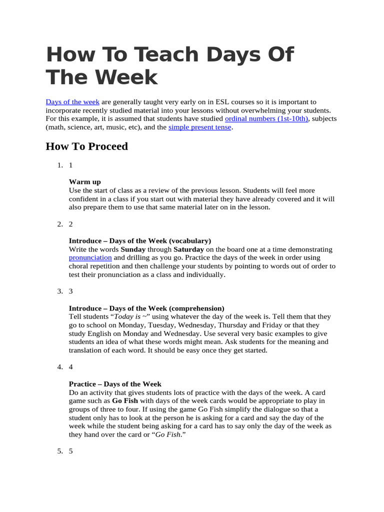 Teaching Days of the Week in ESL | PDF | Linguistics | Learning