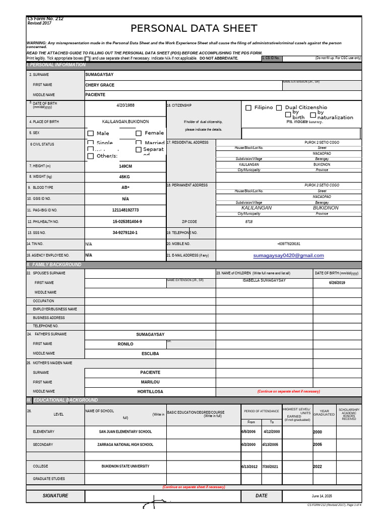 CS Form No. 212 Personal Data Sheet Revised (1) (1) - 085459 | PDF ...