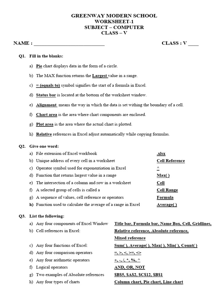 Class 5 Computer WS-1 T-1 Ans | PDF | Microsoft Excel | Mathematics