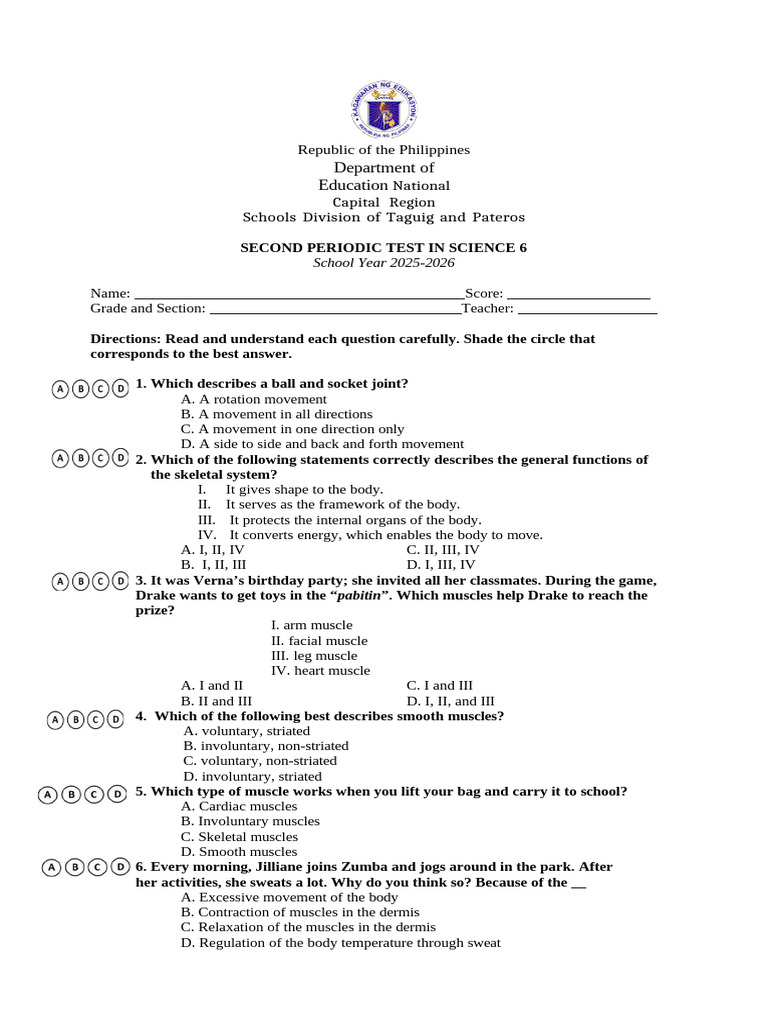 Science 6 Periodic Test Guide | PDF | Muscle | Human Musculoskeletal System