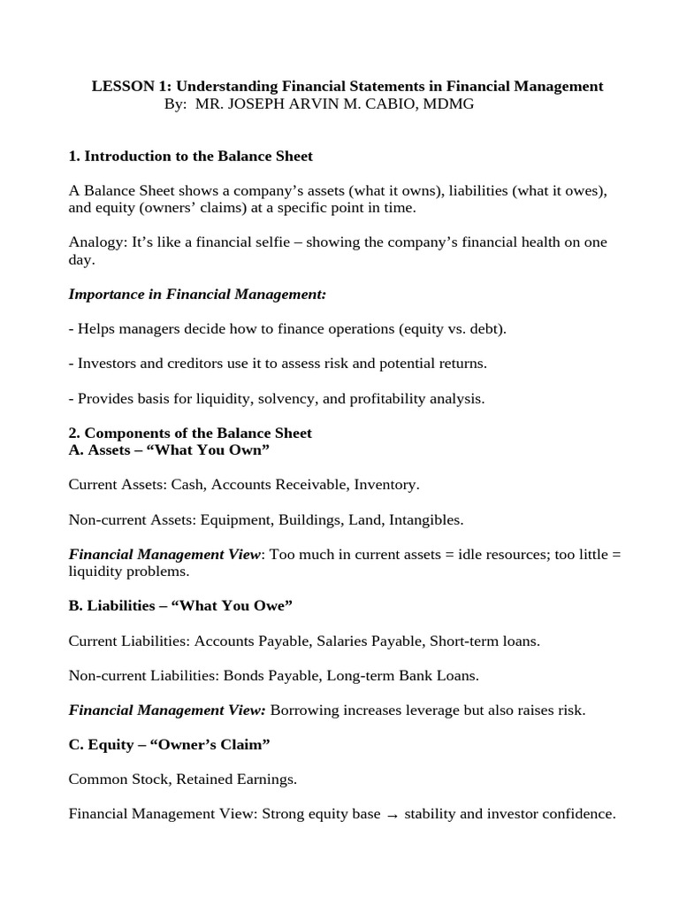 LESSON 1 Understanding Financial Statements in Financial Management ...