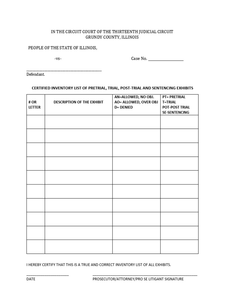 Certified Inventory List of Pretrial Trial Post Trial and Sentencing ...