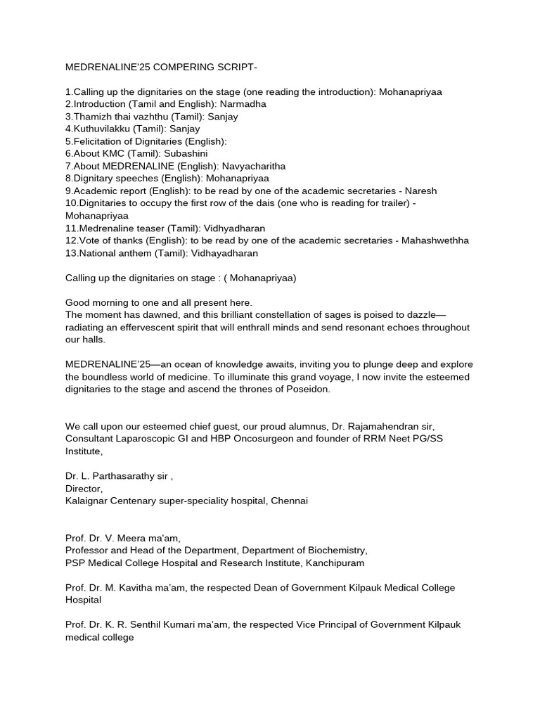 Medrenaline'25 Compering Script | PDF | Gratitude | Medicine