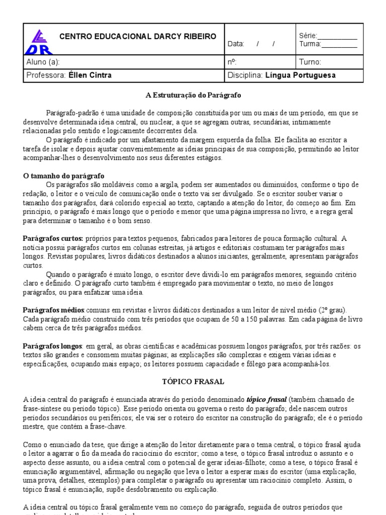 4 Estrutura Do Parágrafo - Handout e Exerc. | PDF | Homo Sapiens | Palavra
