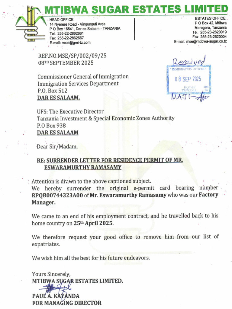 Residence Permit Surrender Letter Eswaramurthy Ramasamy | PDF