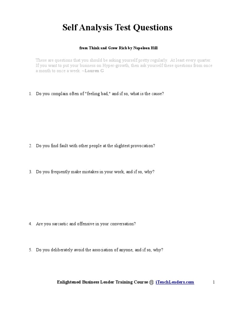 Self Analysis Test Questions | PDF | Mind | Psychology
