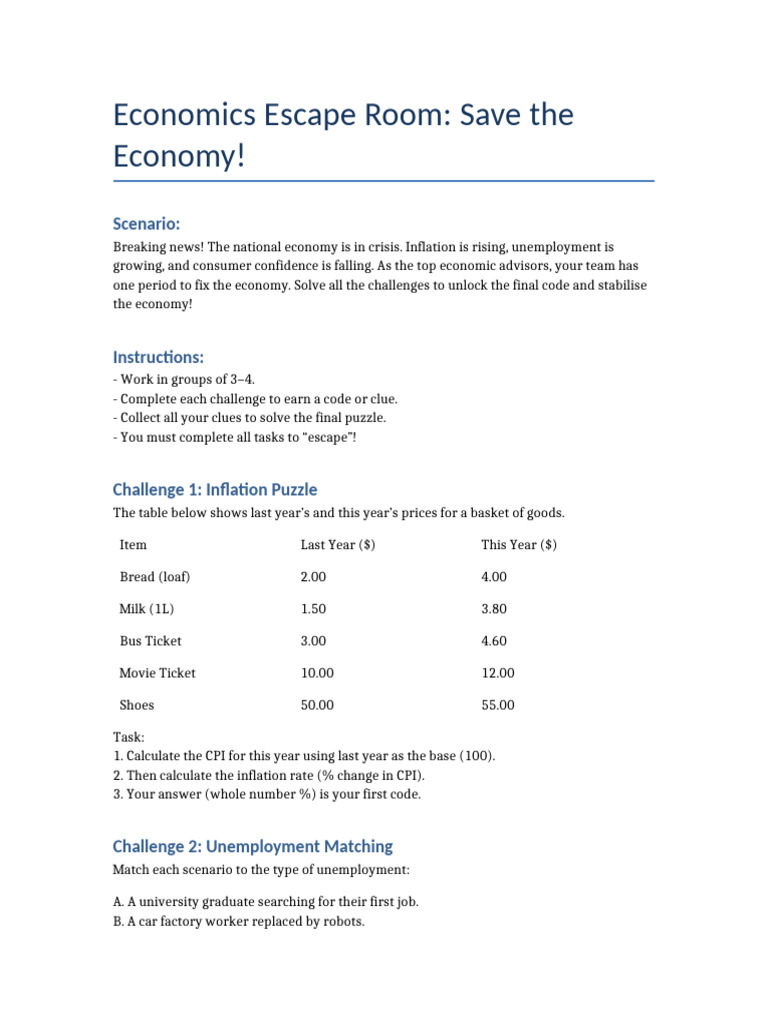 Economics Escape Room Challenge Guide | PDF | Unemployment | Inflation