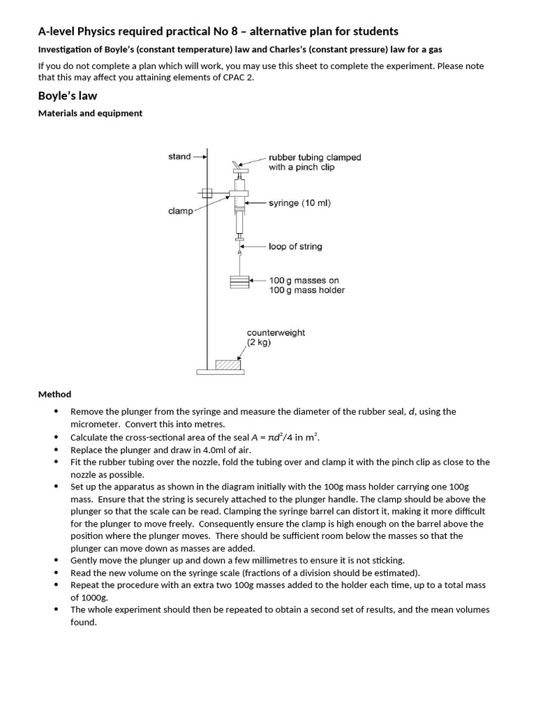 Practical 8 - Gas Laws - Alternative Plan For Students | PDF ...