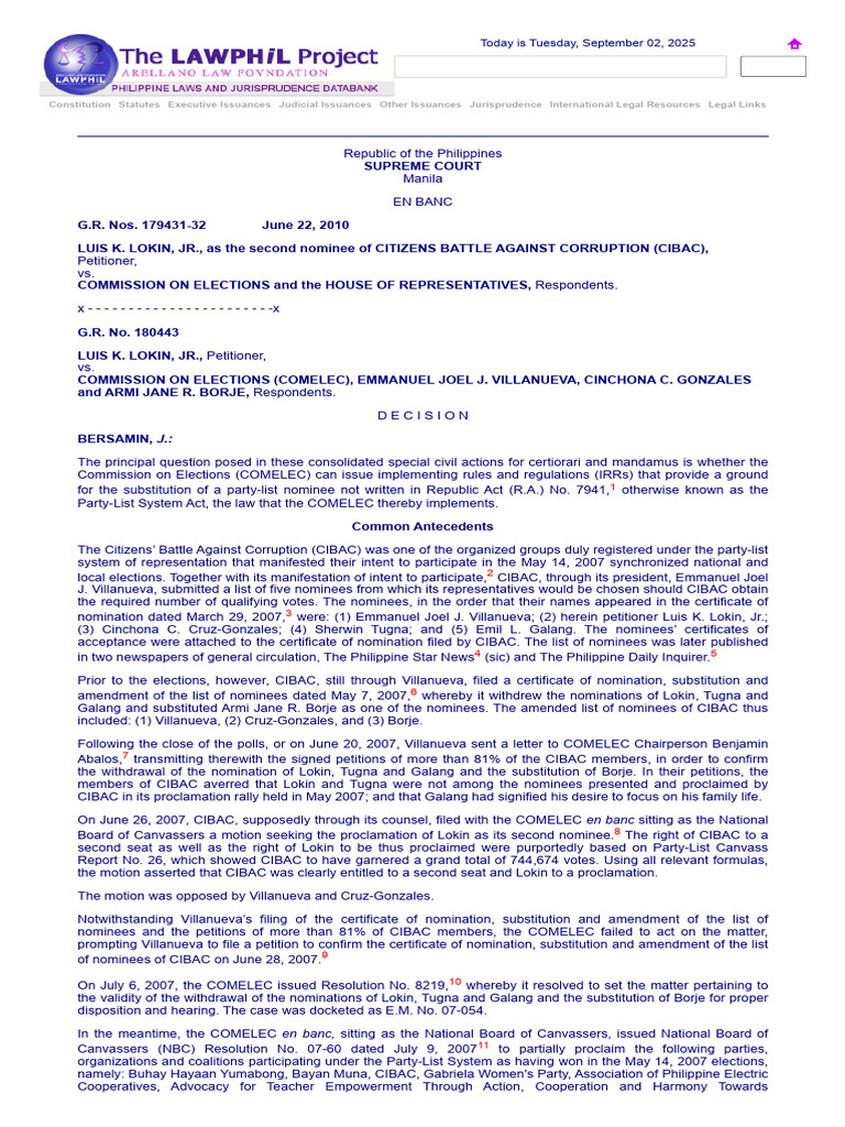 Lokin, JR., As The Second Nominee of CIBAC v. COMELEC and HRET | PDF ...