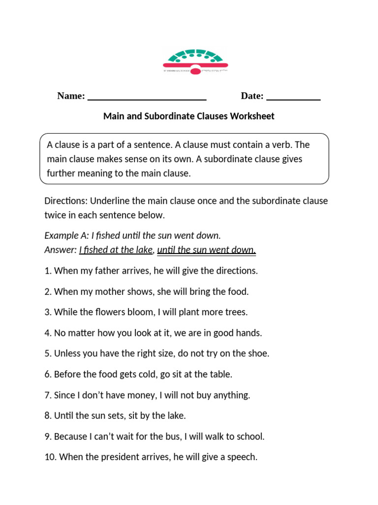 Main and Subordinate Clauses Worksheet - Year 6 | PDF