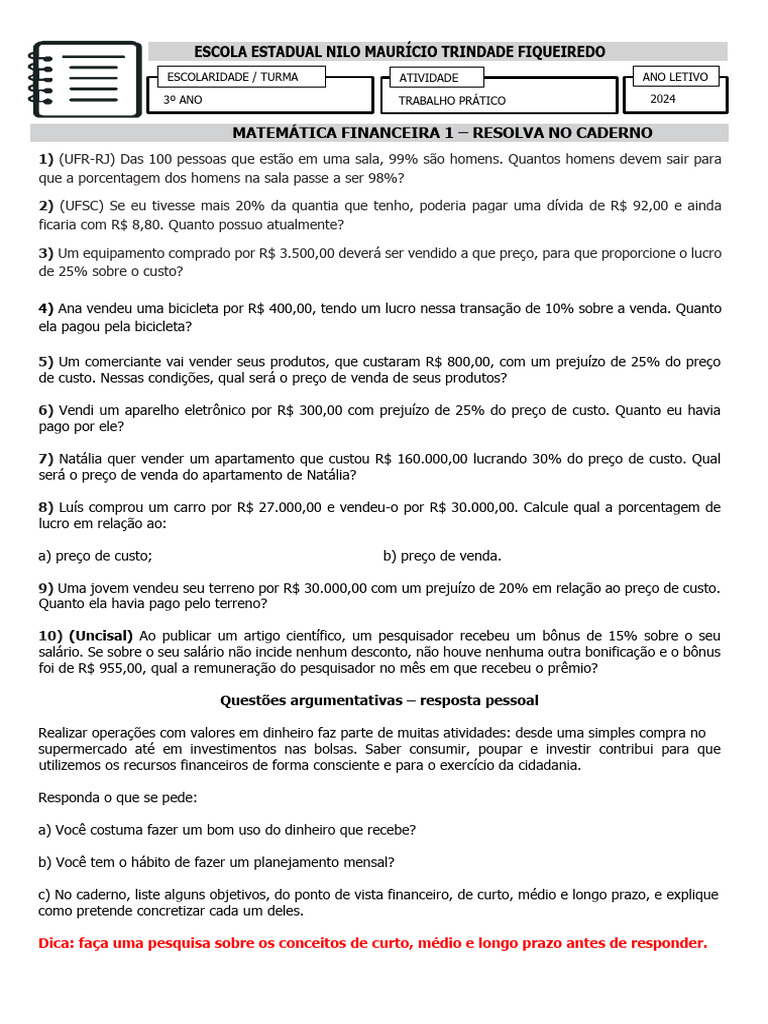 TP1 - Matemática Financeira I | PDF | Economias