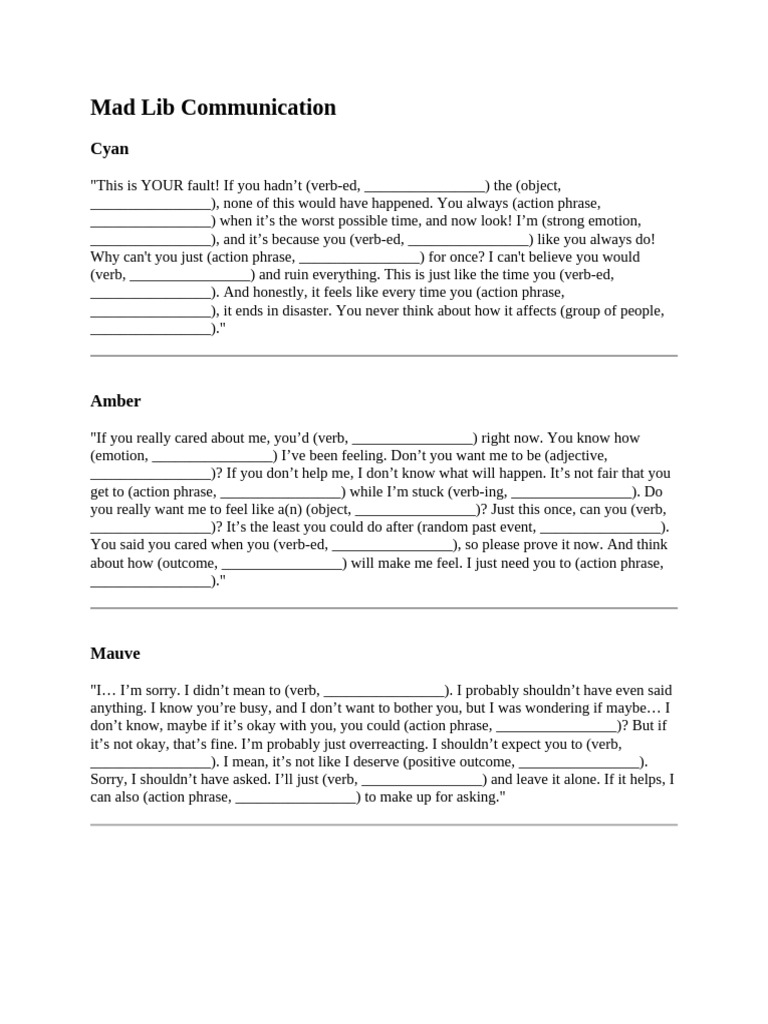 Mad Lib Communication 1 (Interpersonal Effectiveness) | PDF | Syntax ...